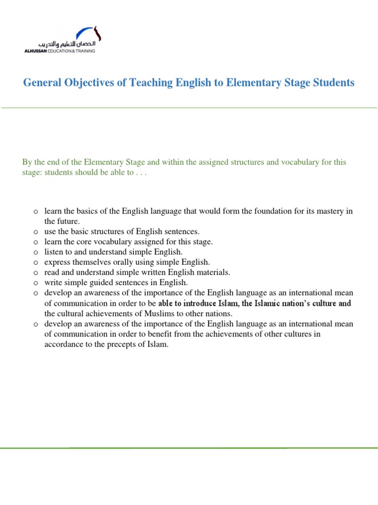 Objectives of Teaching English in Elementary | PDF