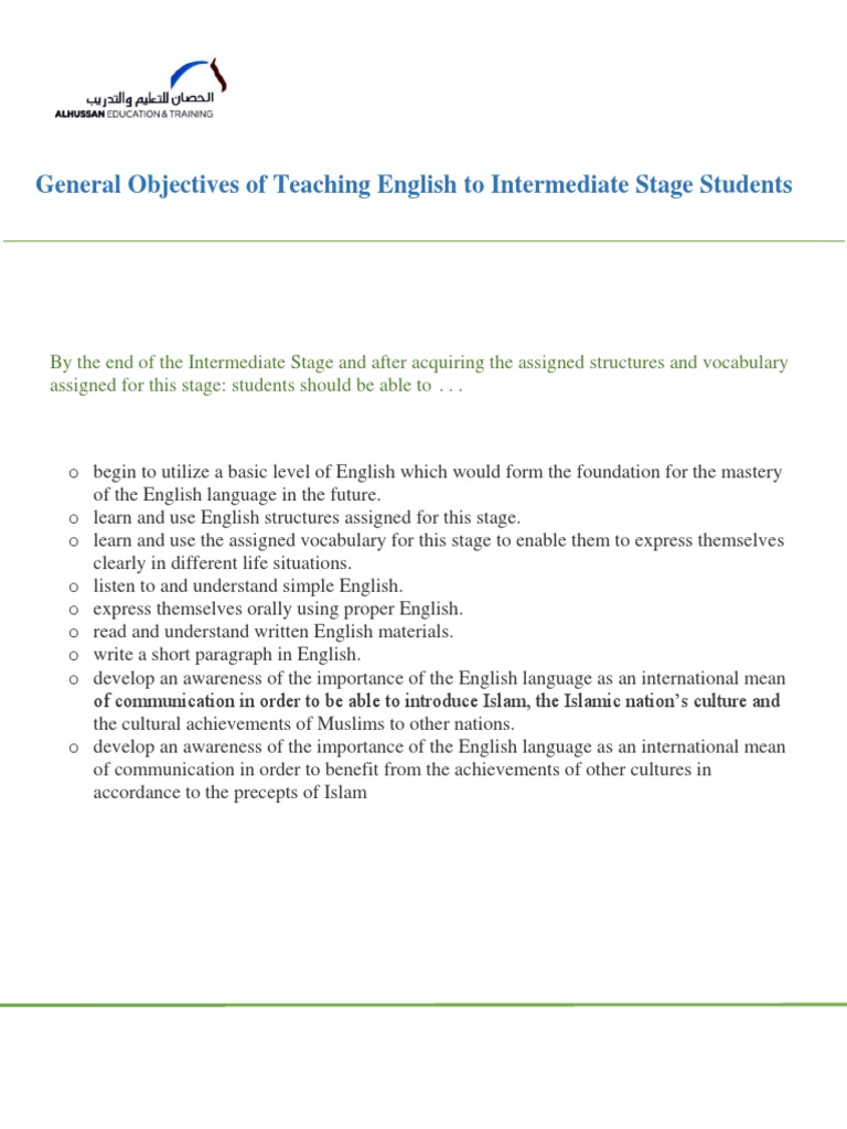 General Objectives of Teaching English To Intermediate Stage Students | PDF
