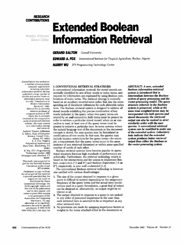 Extended Boolean Information Retrieval: Research Contributions | PDF | Search Engine Indexing ...