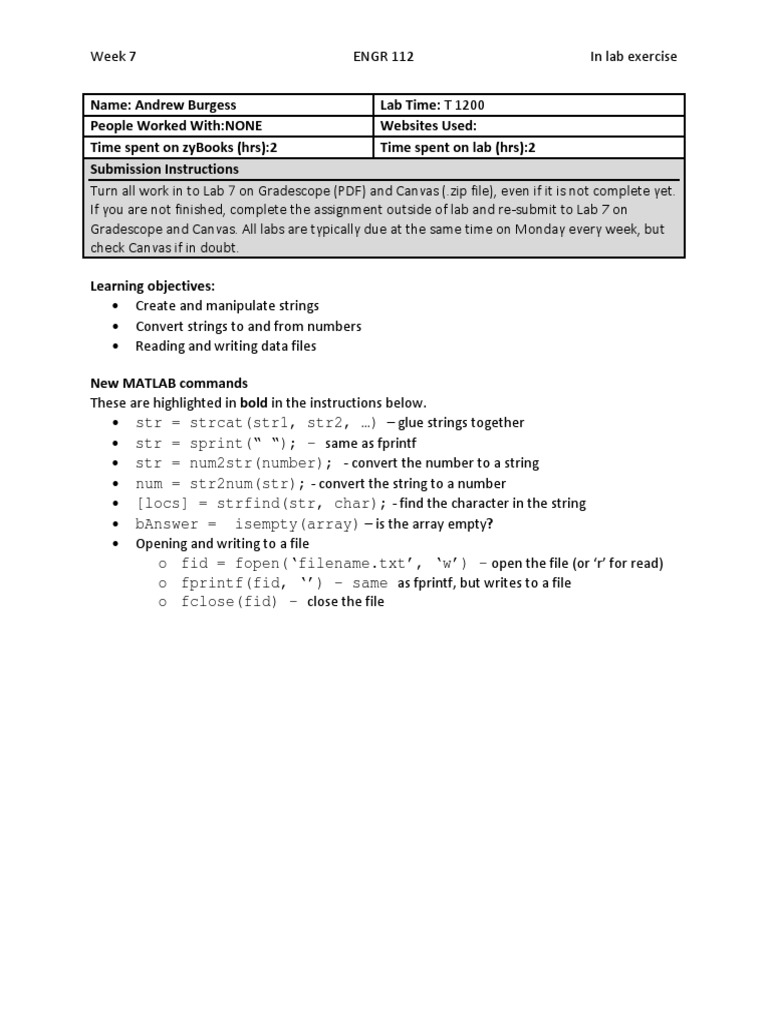 ENGR112 Lab7 Strings and Files PDF | PDF | String (Computer Science) | Subroutine
