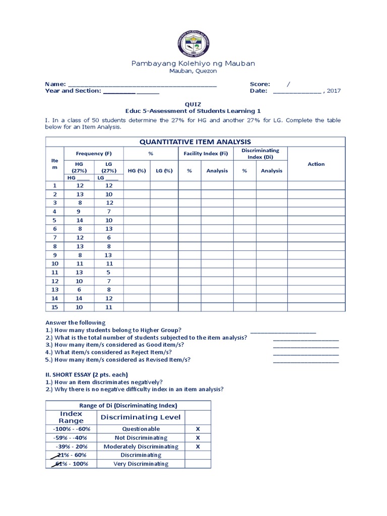 Quantitative Item Analysis: Pambayang Kolehiyo NG Mauban | PDF ...