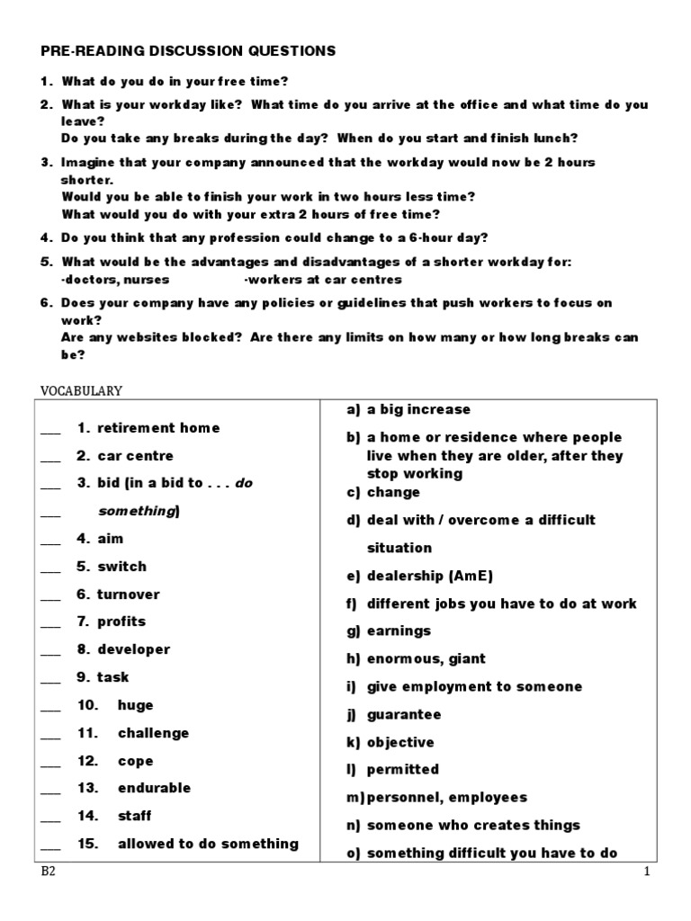 Sweden B2 Introduces Six-Hour Work Day WORKSHEET | PDF | Working Time ...