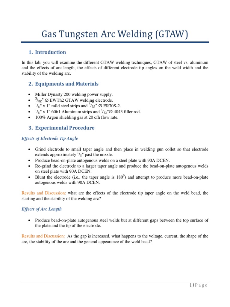 Gas Tungsten Arc Welding (GTAW) : Effects of Electrode Tip Angle | PDF ...