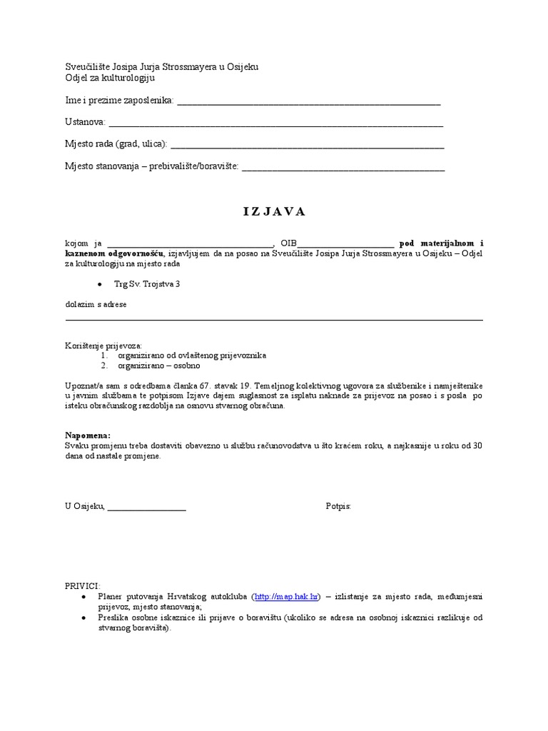 Izjava Za Prijevoz - Svima | PDF