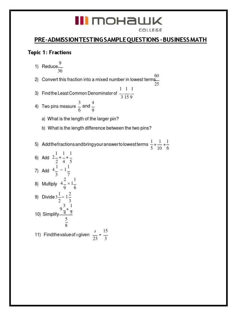 Pre-Admission Testing Sample Questions - Business Math: Topic 1 ...