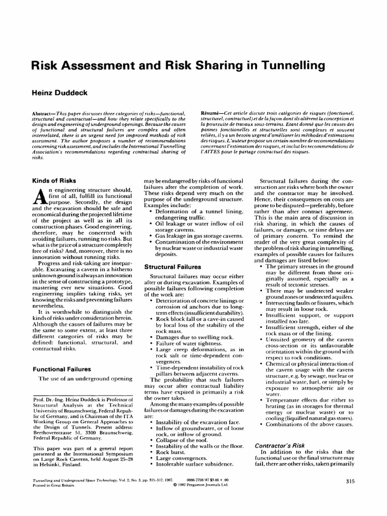 Risk Assessment and Risk Sharing in Tunnelling PDF | PDF | Risk Assessment | Risk