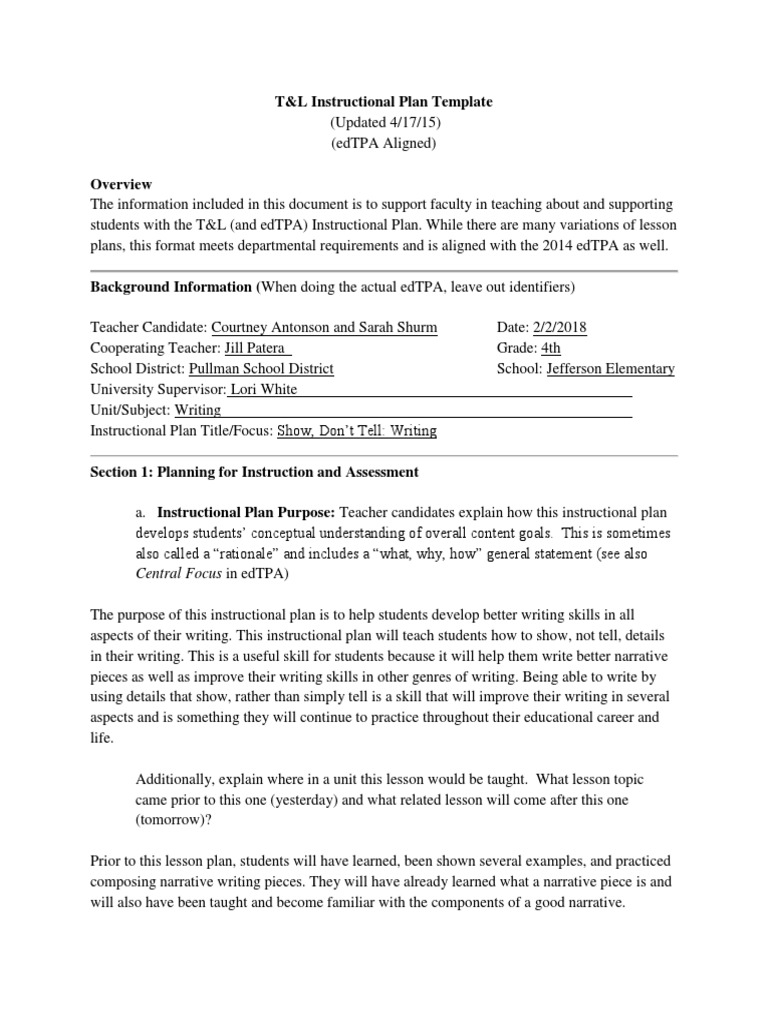 T&L Instructional Plan Template: Central Focus in Edtpa) | PDF ...