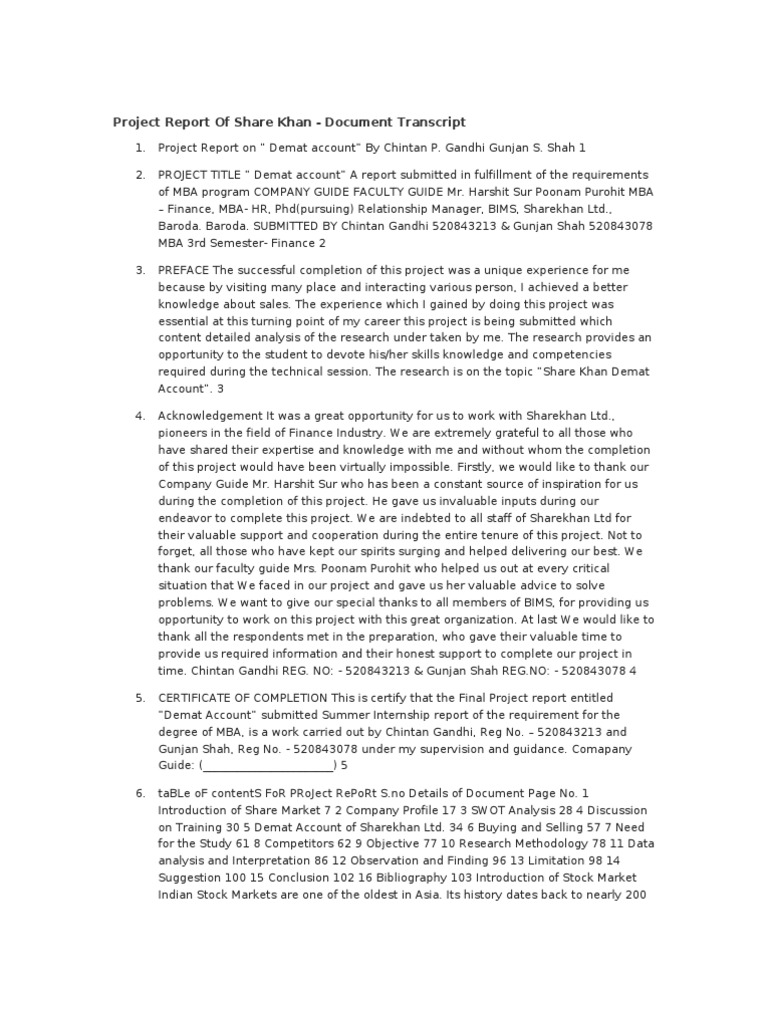 Project Report of Share Khan | PDF | Stocks | Securities (Finance)