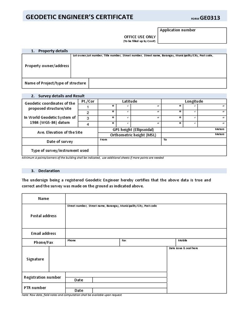 Geodetic Engineer Certificate Form Ge0313 PDF | PDF | Geographical ...