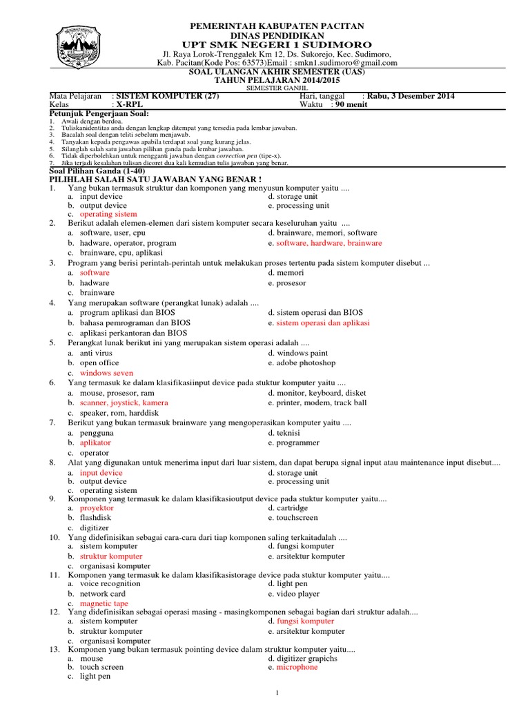 2014 - Soal UAS Ganjil - Kelas X - Sistem Komputer | PDF | Game & Aktivitas | Teknologi & Rekayasa
