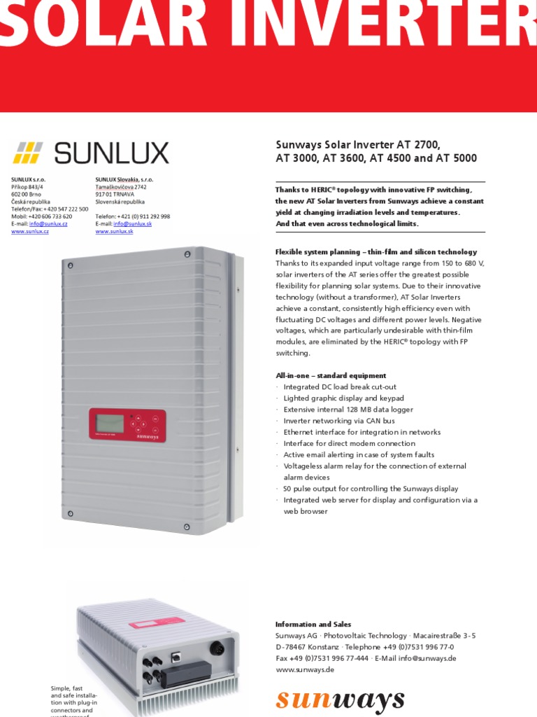 SUNLUX - Sunways AT2700... AT5000 Data Sheet - English | PDF | Power Inverter | Alternating Current