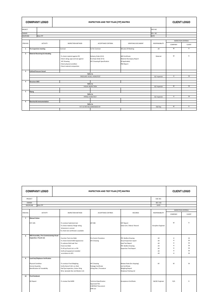 Main Inspection Test Plan Sample | PDF | Specification (Technical ...