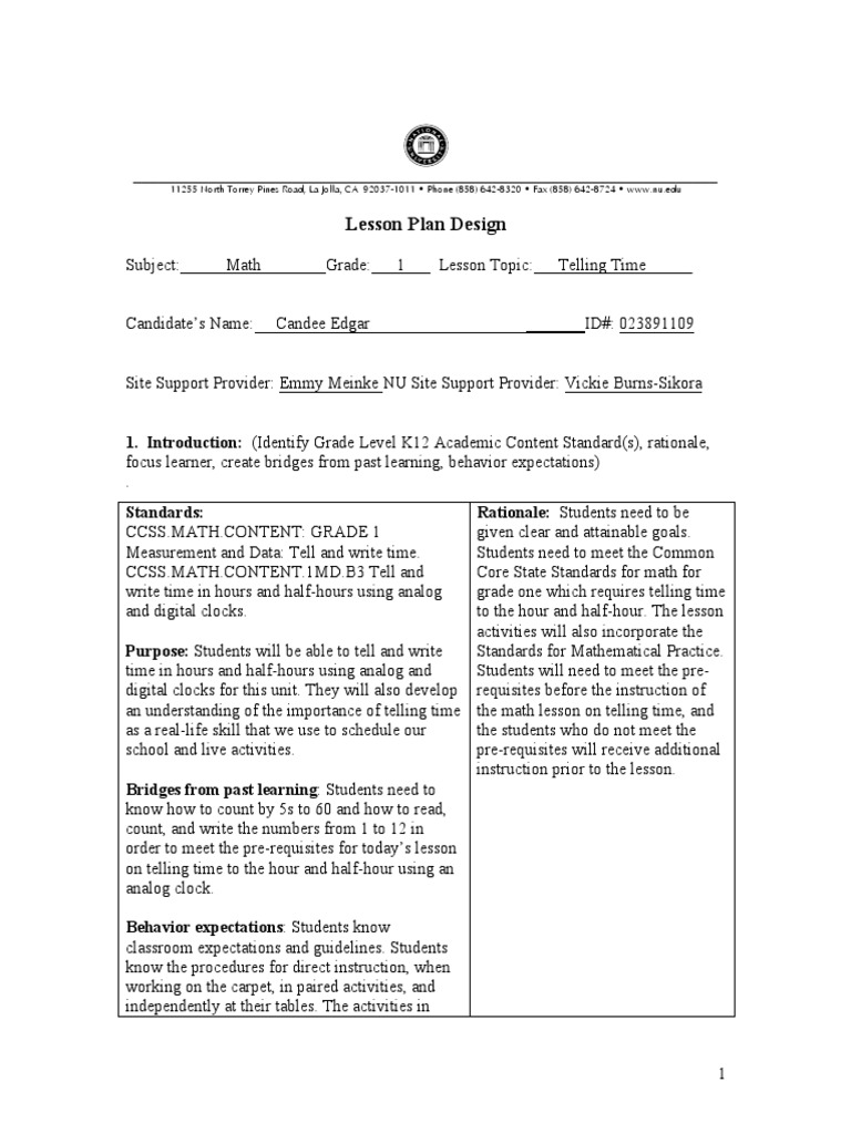 Math Lesson First Grade-Telling Time | PDF | Clock | Educational Assessment