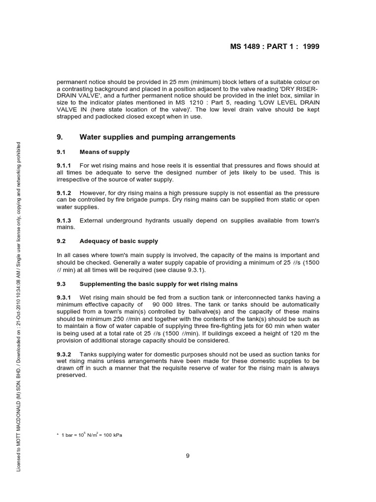 MS 1489 Part 1: Water Supply Guidelines | PDF | Water Supply | Valve