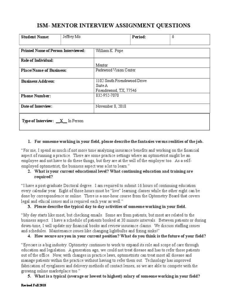 Mentor Interview Questions Template | PDF | Optometry | Health Care