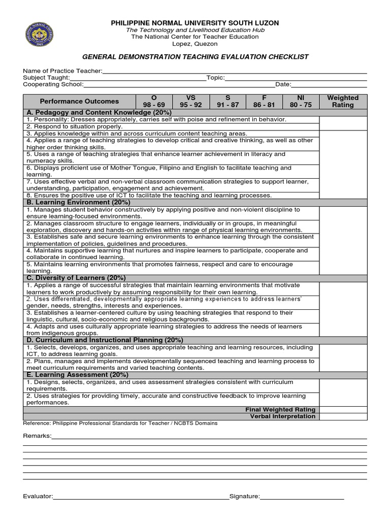 General Demonstration Teaching Evaluation Checklist | PDF | Teachers ...