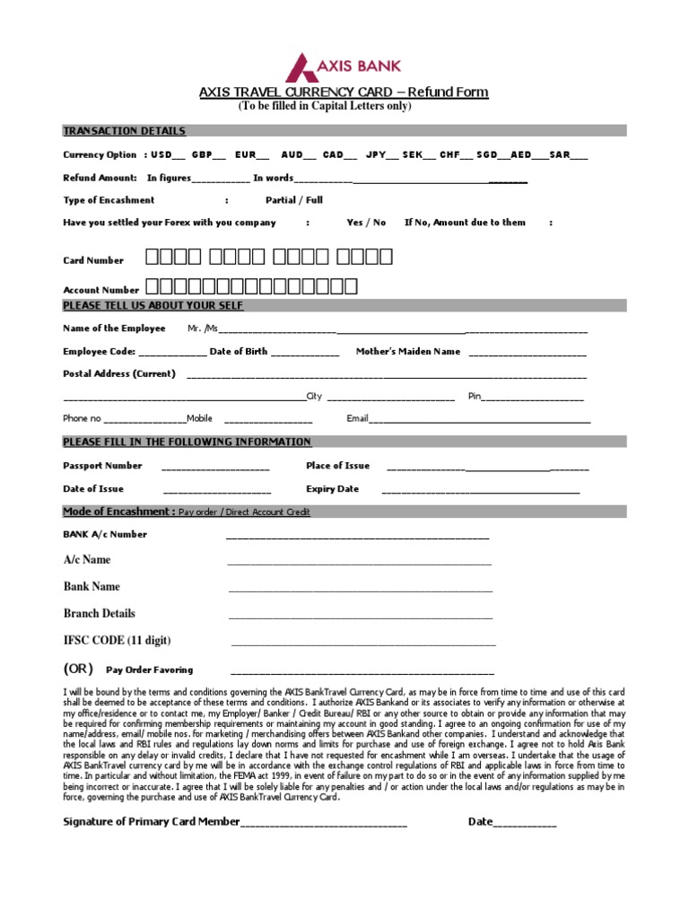 Axis Travel Currency Card - Refund Form: Transaction Details | PDF ...