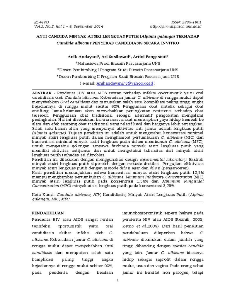 Anti Candida Minyak Atsiri Lengkuas Putih THDP Candida Albicanas Penyebab Candidiasis PDF | PDF