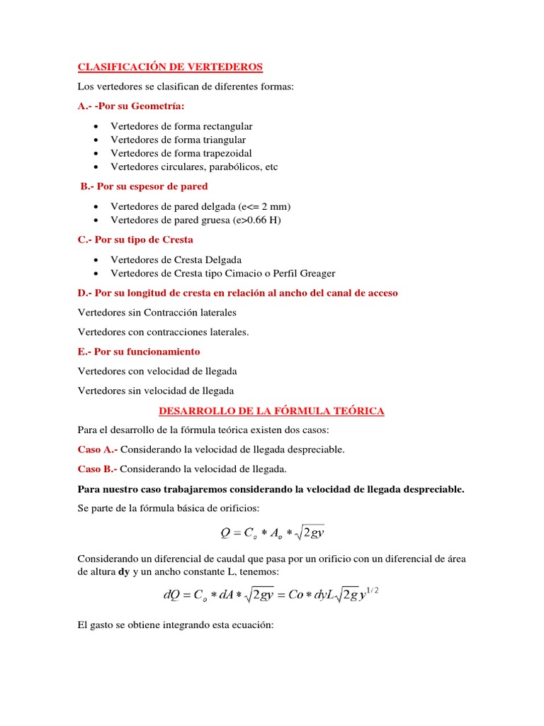 Clasificación y Fórmulas de Vertederos | PDF | Objetos matemáticos ...