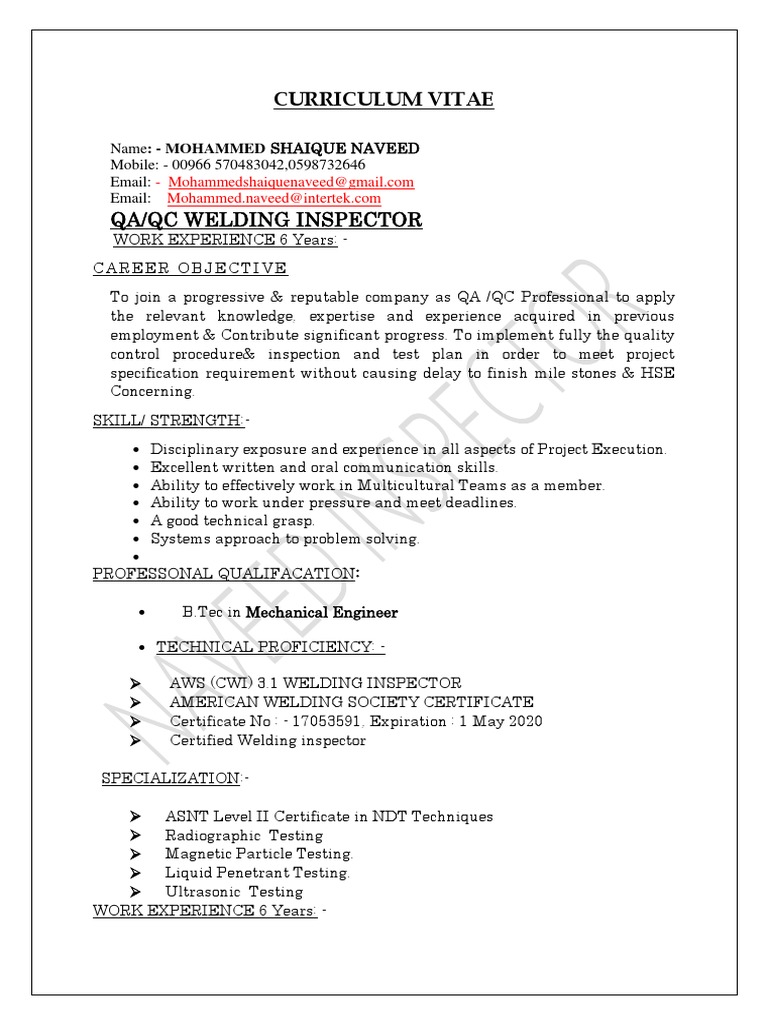 Qa/Qc Welding Inspector: Curriculum Vitae | PDF | Pipe (Fluid ...