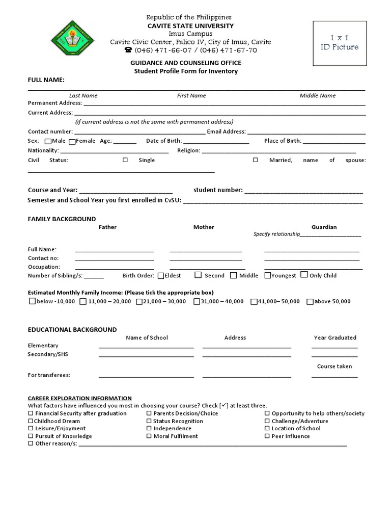 Student Profile Inventory Form | PDF | Mental Disorder | Major ...