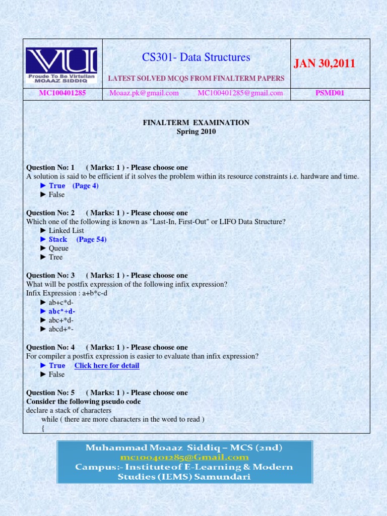 CS301 Data Structures Final Term of 2011 Mcqs Solved With References by Moaaz | PDF | Array Data ...