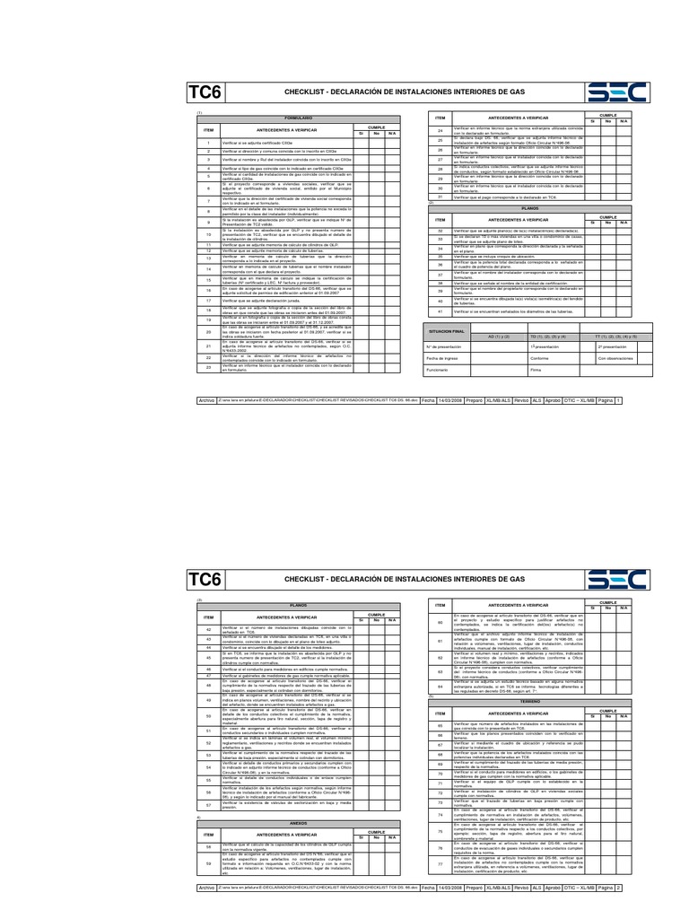 Checklist Instalaciones Gas TC6 | PDF | Naturaleza
