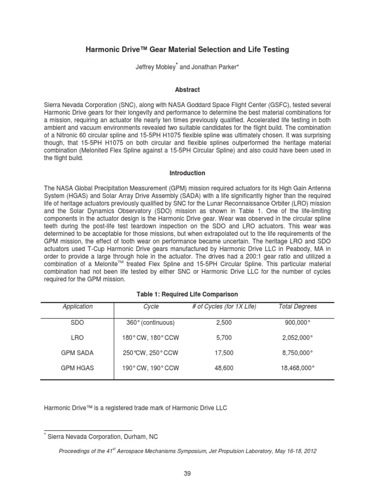 Harmonic Drive™ Gear Material Selection and Life Testing: Application ...