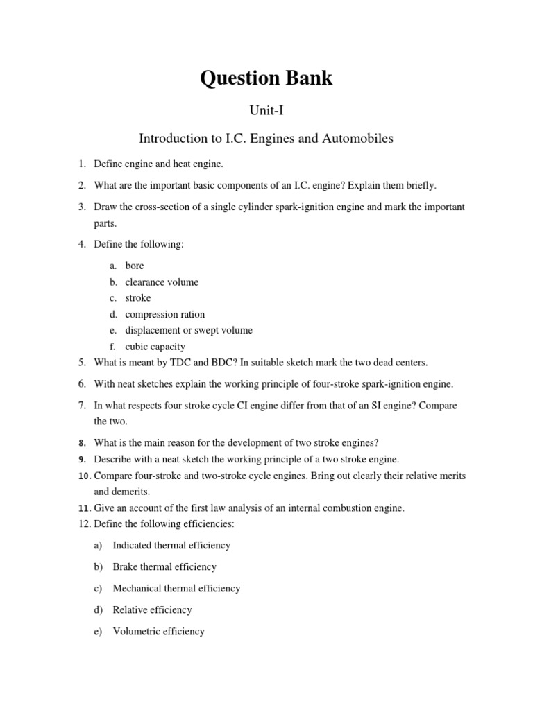 Question Bank: Unit-I Introduction To I.C. Engines and Automobiles ...