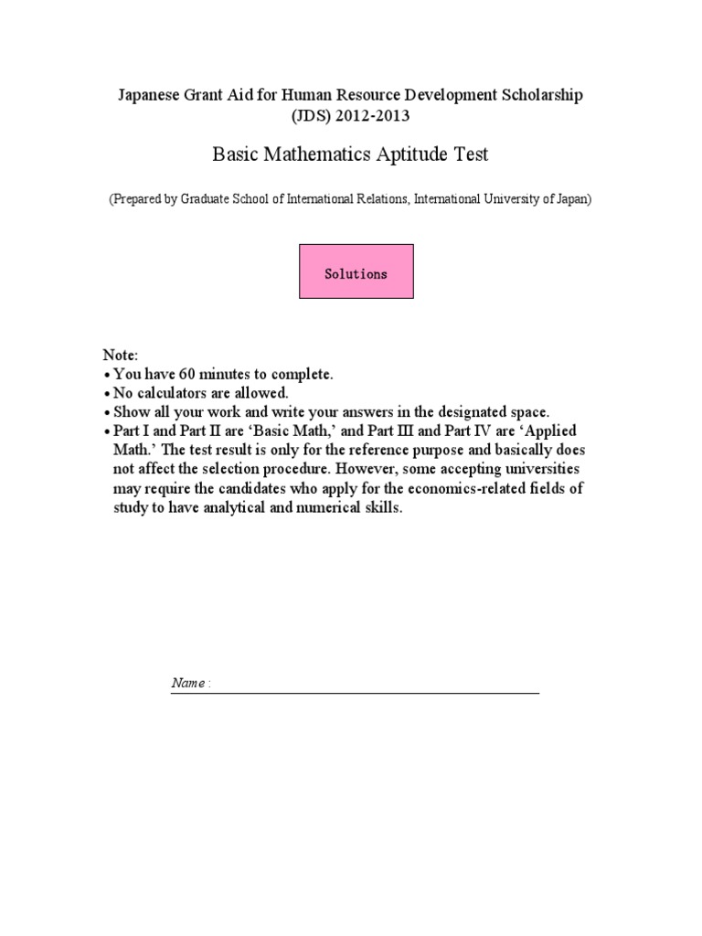 Basic Mathematics Aptitude Test: Japanese Grant Aid For Human Resource ...