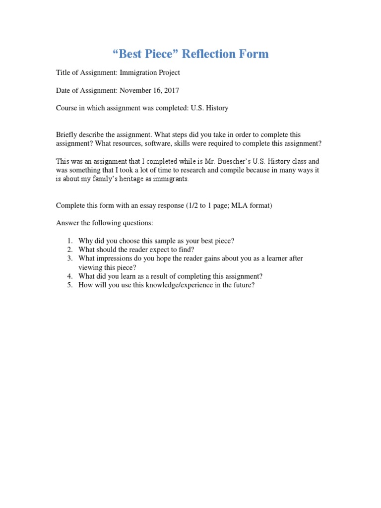 "Best Piece" Reflection Form | PDF | Career & Growth