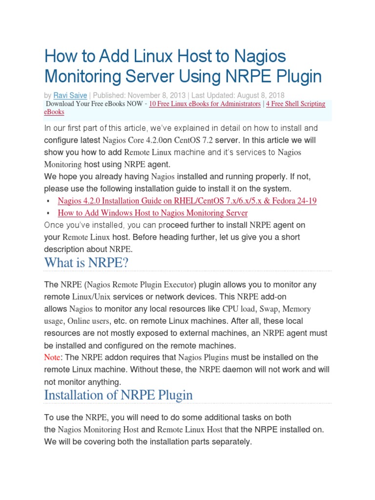 How To Add Linux Host To Nagios Monitoring Server Using NRPE Plugin | PDF | Computer ...