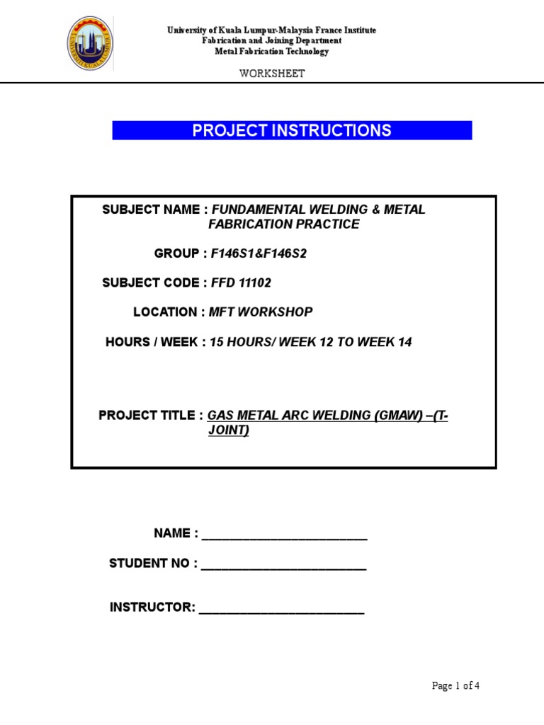 Workshop Worksheet - GMAW (T-JOINT) | PDF | Metal Fabrication | Welding