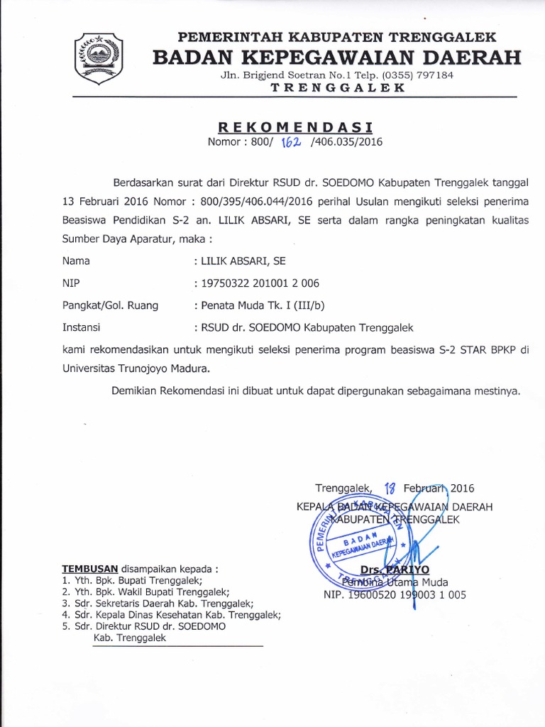 Contoh Surat Rekomendasi Ke BKD | PDF