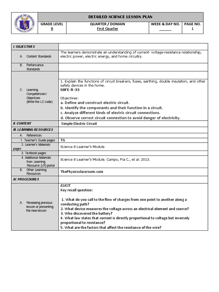 Grade Level Quarter / Domain Week & Day No. Page No.: Detailed Science ...