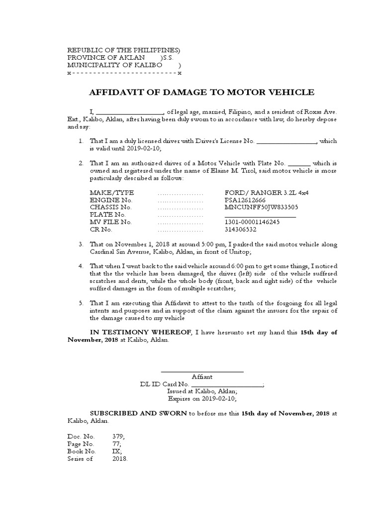 Affidavit of Damage to Motor Vehicle | Affidavit | Land Transport