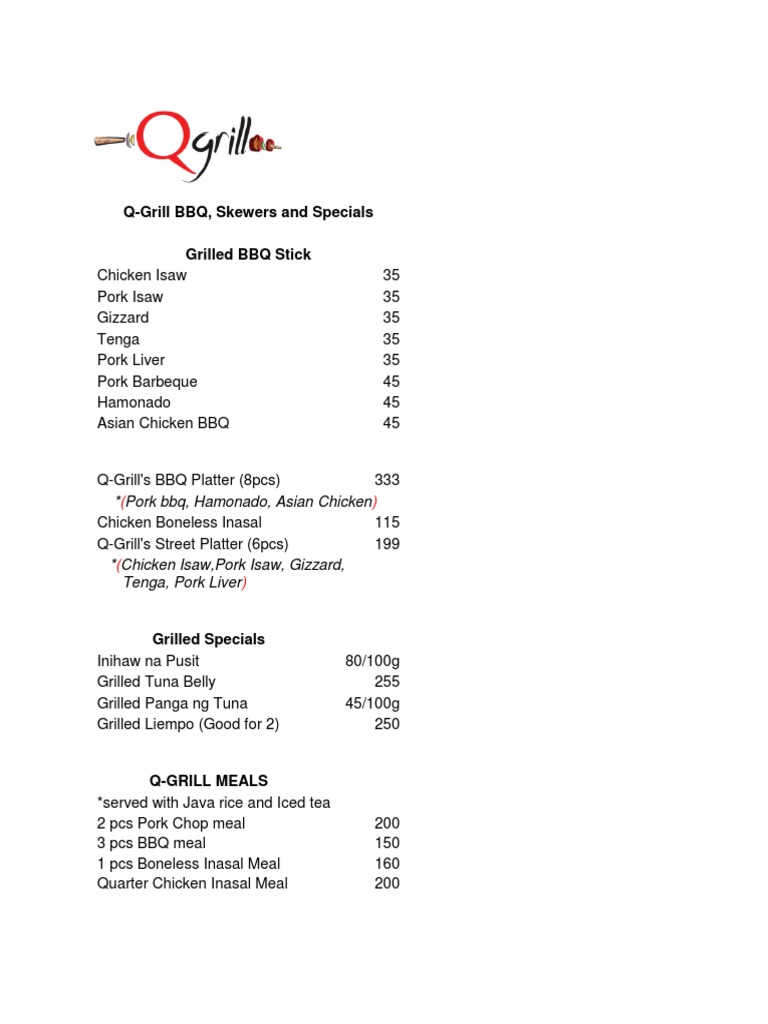 Q-Grill BBQ Menu: Skewers & Meals | PDF