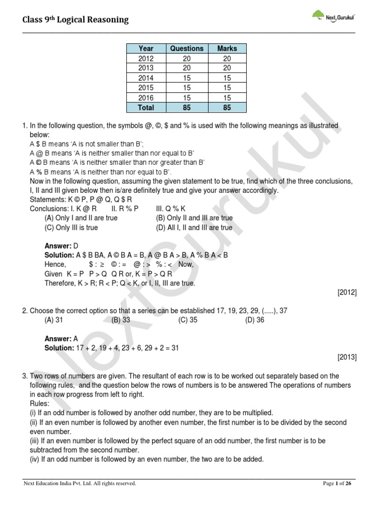 Class 9 Maths Olympiad Logical Reasoning Practice Papers | PDF ...