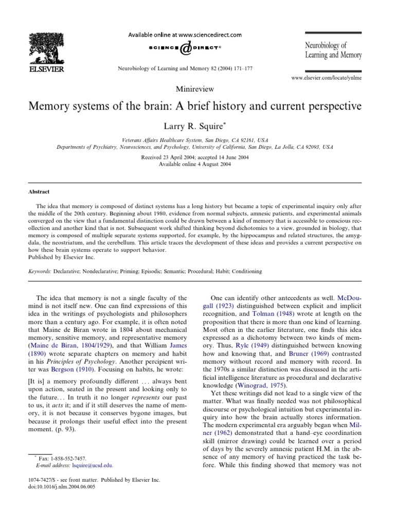 Memory Systems of The Brain - A Brief History and Current Perspective ...