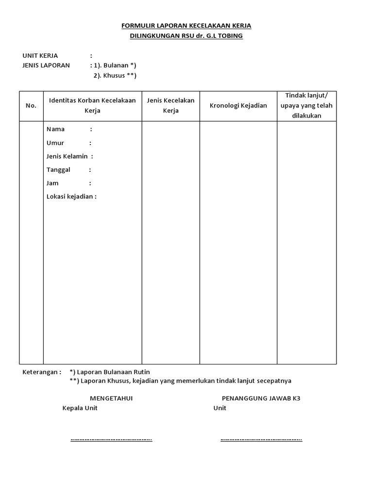Formulir Laporan Kecelakaan Kerja | PDF Formulir Laporan Kecelakaan Kerja | PDF