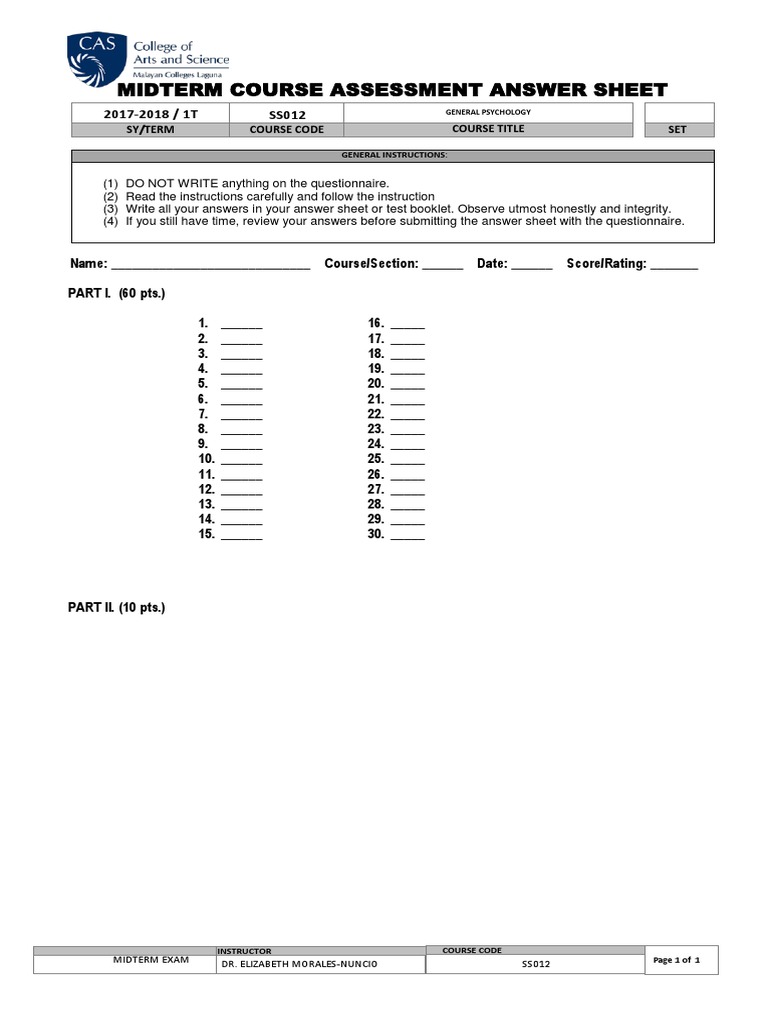 Ss012 Midterm Exam Answer Sheet | PDF