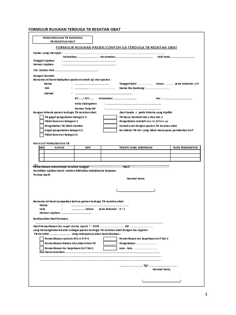 Formulir Rujukan Pasien Terduga TB Resistan Obat - (Final) | PDF