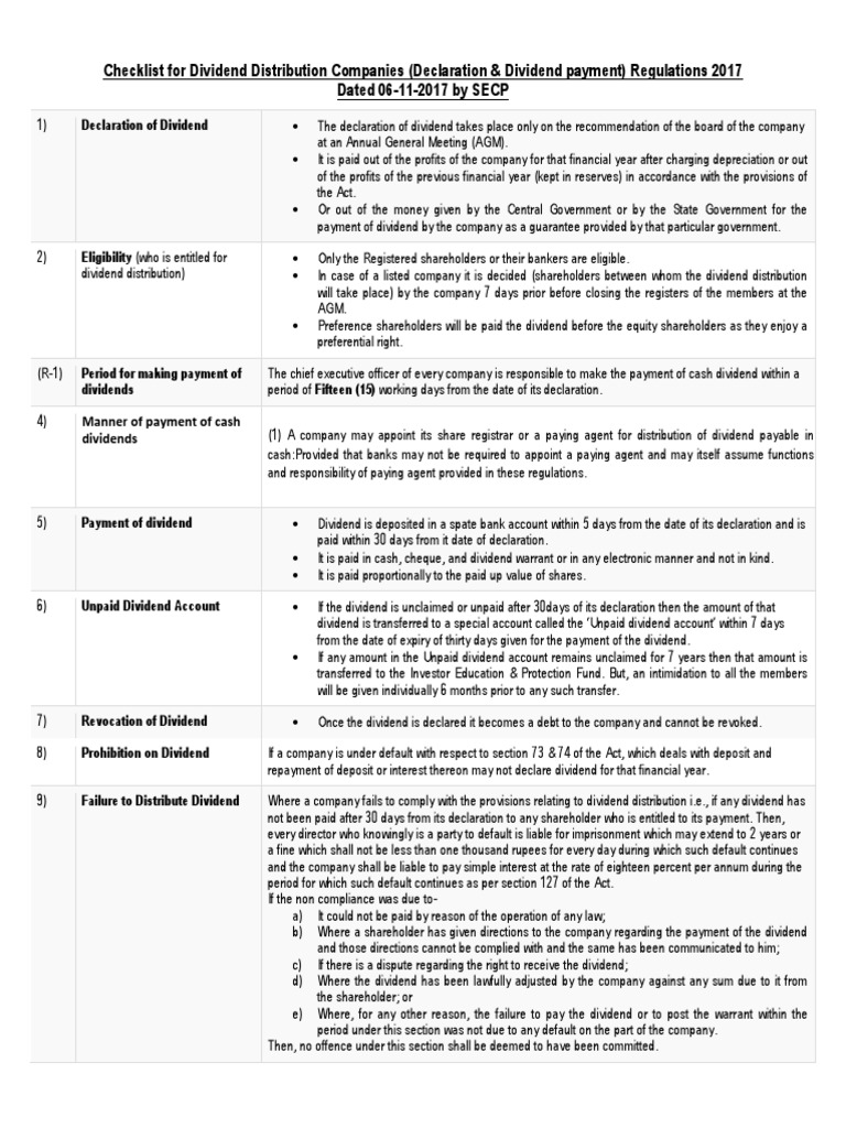 Checklist For Dividend Distribution Companies (Declaration & Dividend ...