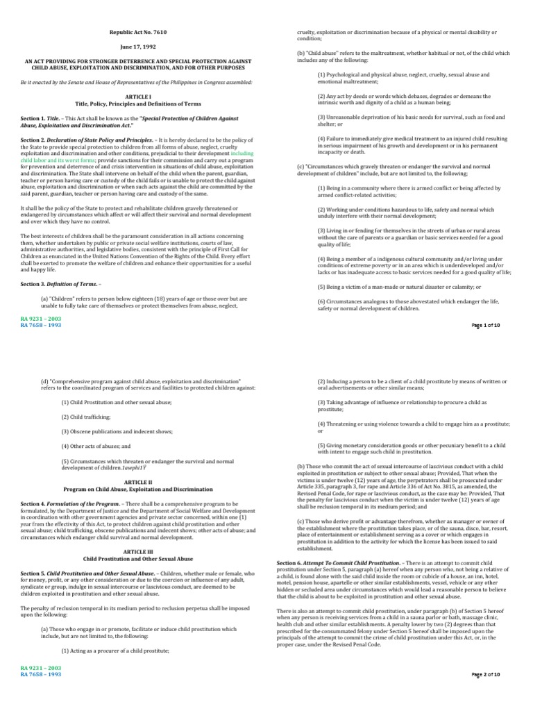 Republic Act No. 7610 Amended by 7658 and 9231, And Art 137-138 ...