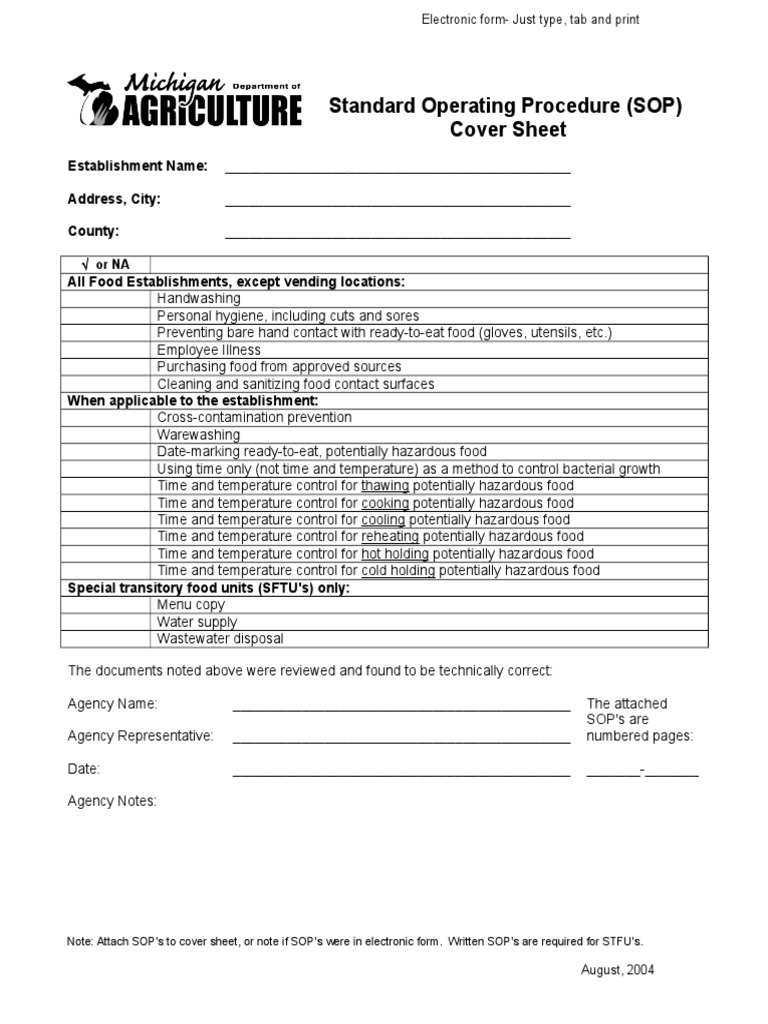 Standard Operating Procedure (SOP) Cover Sheet | PDF | Hand Washing | Foods