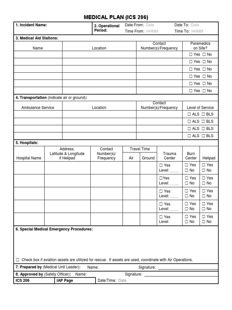 Medical Plan (Ics 206) : Date Date HHMM HHMM | Download Free PDF ...