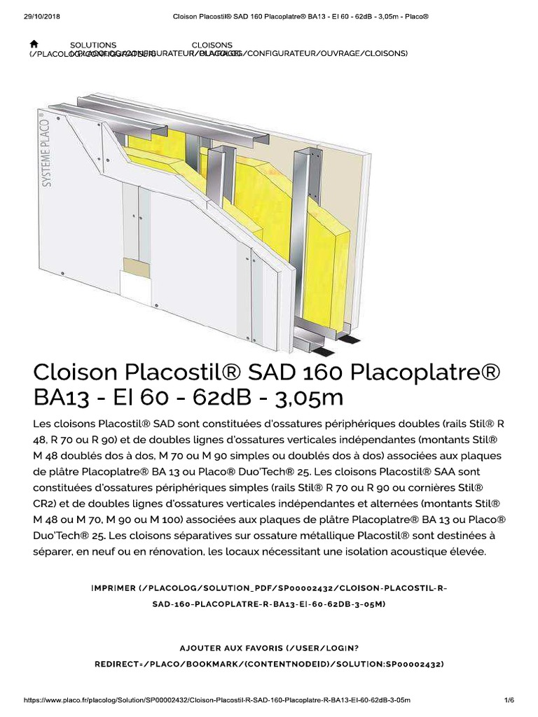 Cloison Placostil® SAD 160 Placoplatre® BA13 - EI 60 - 62dB - 3,05m - Placo®.pdf | PDF
