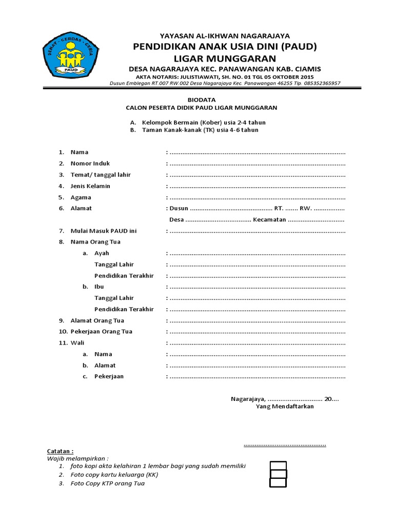 Formulir Pendaftaran Paud | PDF