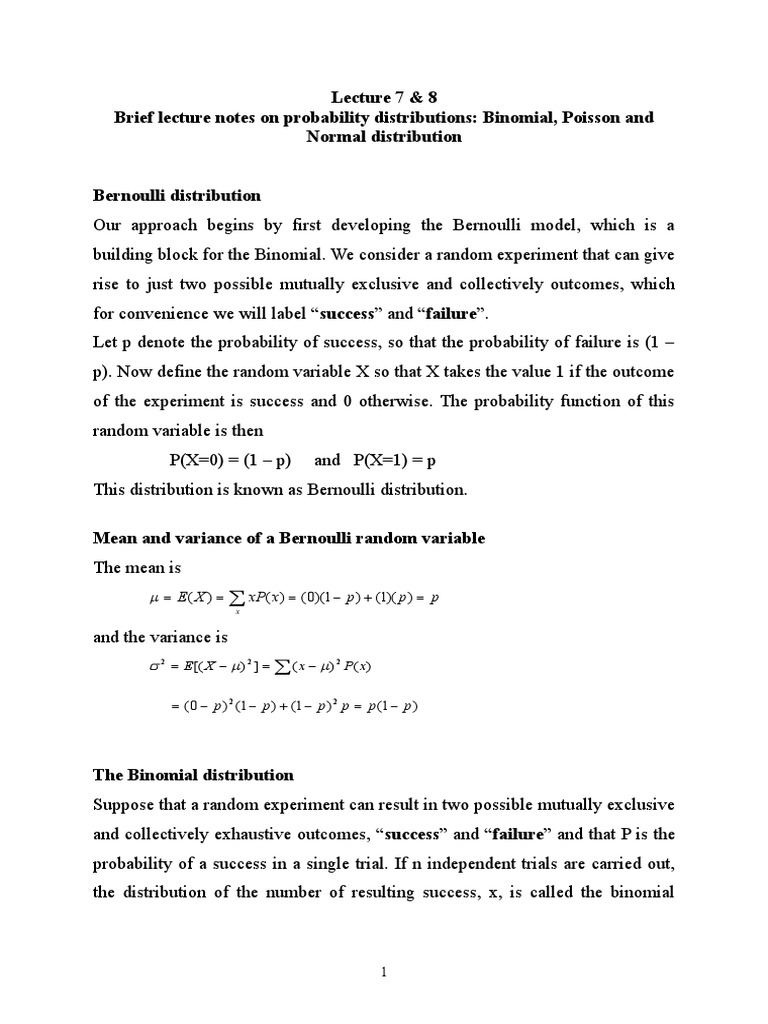 Lecture 7 & 8 Brief Lecture Notes On Probability Distributions ...