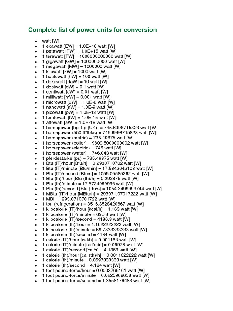 Complete List of Power Units For Conversion | PDF | Watt | Horsepower